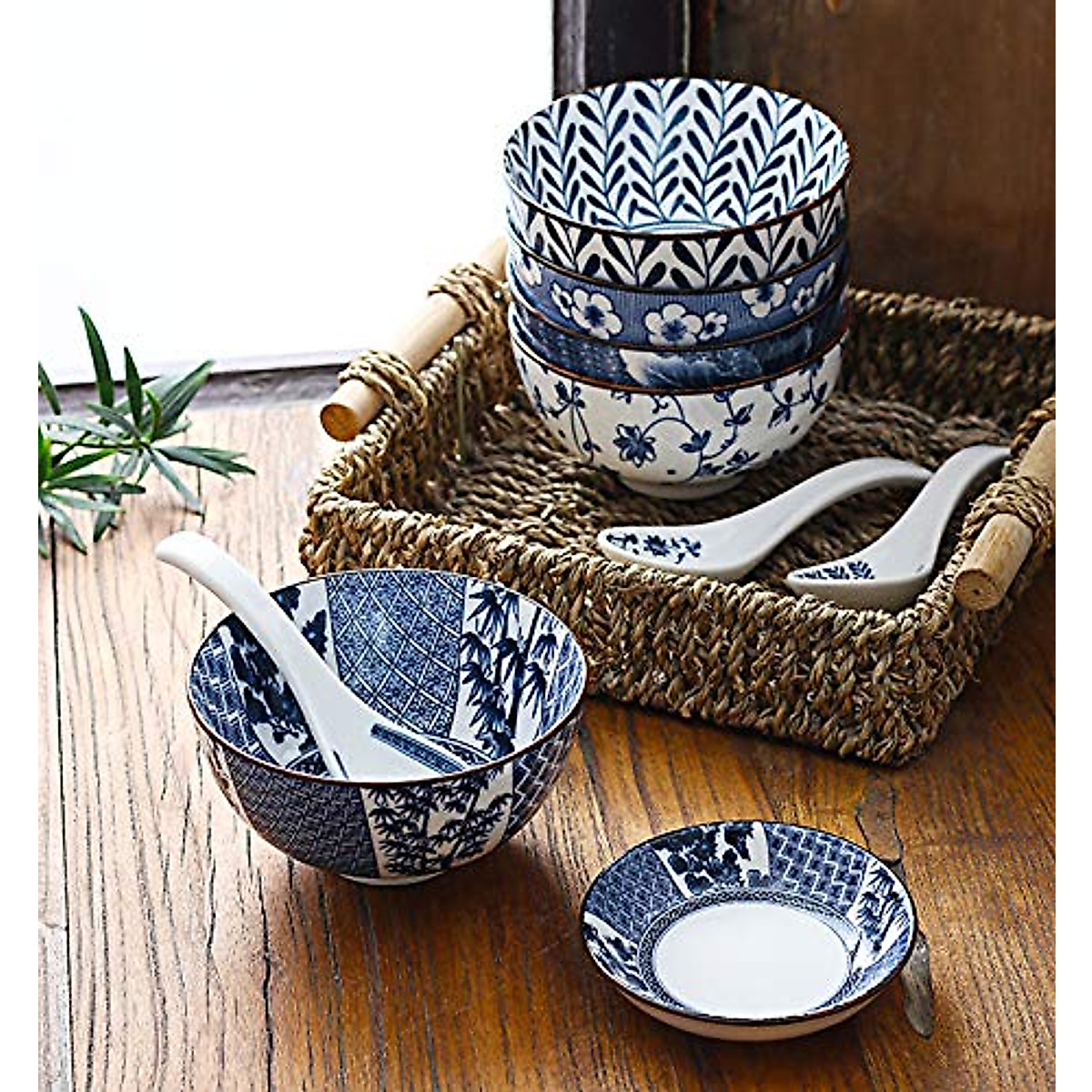 Gegong 6 Pack Ceramic Bowls, Japanese Style Rice Bowls, 10 Ounces Thickening Blue and white porcelain bowls, Cereal Bowls for Kitchen, Suitable for microwave, ovens, dishwashers (mixing)