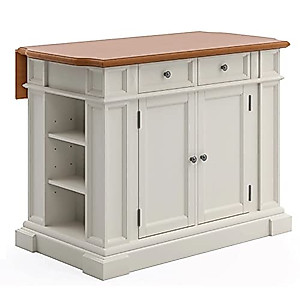 Homestyles Americana Kitchen Island with Wood Top and Drop Leaf Breakfast Bar, Storage with Drawers and Adjustable Shelves, 50 Inch Width, 49.75 inches, White and Oak