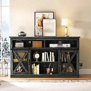 Xilingol Farmhouse TV Stand for 65+ Inch TVs, Tall TV Stands with Power Outlets, Tall Entertainment Center with Sliding Barn Door & Storage Shelves, 65" TV Stands for Living Room, Grey