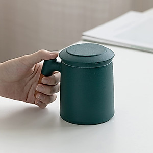 HEER Ceramic Infusion Tea Mug with Infuser and Lid for Steeping Loose Leaf Tea, Chinese Modern Wooden Handle Diffuser Coffe Tea Cup for Home Office. 13.5oz (400ml) (Green)
