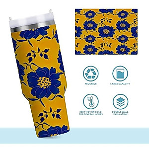 RPLIFE Elegant Dark Blue Flowers Yellow 40 Oz Tumbler with Handle and Straw, Stainless Steel Cups with Lid, Coffee Tumbler for Women