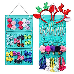 Double-Sided Headbands Holder for Baby Girls丨43” x 12” Hair Bows Clips Ties Barrettes Accessories Organizer with 24 Ribbons/ 33 Velvet Hooks Hangers, Wall Hanging for Girl Room, Baby Nursery Decors
