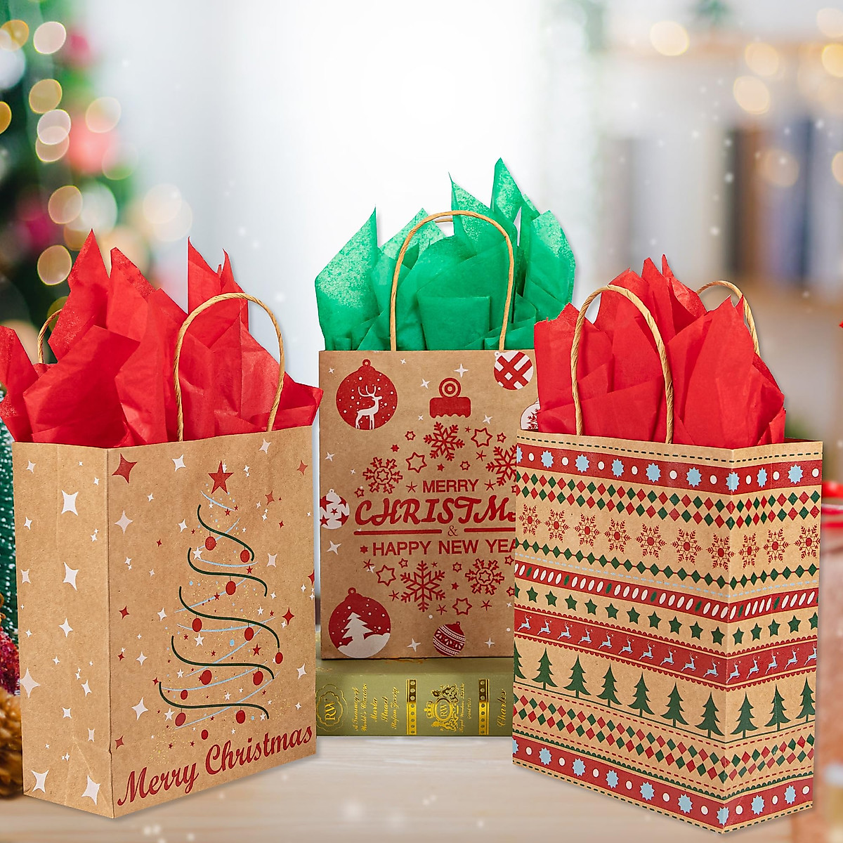 24 Christmas Kraft Gift bags 7.25 x 9 x 3.5 with 24 Tissue Papers for Xmas Exchange, Party Favors Paper Goodie Bags