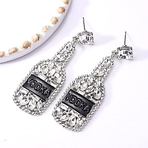 NLCAC Champagne Bottle Earrings Sparky Rhinestone Vodka Champagne Bottle Drop Dangle Earrings Wedding Holiday Celebration Party Earrings Gifts for Women Silver
