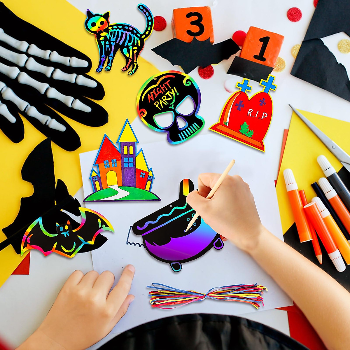 Max Fun Halloween Craft Scratch Paper Art for Kids Party Games Ornaments 96PCS Magic Rainbow Scratch Off Cards Paper Hanging Educational Toys Kit Halloween Party Supplies Birthday Gift