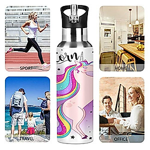 OREZI Cute Unicorn Magical Rainbow Star Pink Water Bottle Thermos with Straw Lid for Boys Girls,600 ml,Leakproof Stainless-Steel Sports Bottle for Women Men Teenage