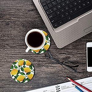 Drink Coasters Set of 6 with Holder, Lemon Absorbent Ceramic Coasters for Wooden Table, Rustic Coasters Cork Base New Home Decor House Warming Gift