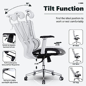 Memobarco Ergonomic Office Chair, High Back Desk Chair with Lumbar Back Support, 3D Adjustable Armrest & 3D Headrest, Comfortable Computer Mesh Chair with PU Wheels for Executive, Gaming, White