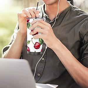 QWEUIOP 20oz Insulated Travel Coffee Mug Cherry Green Leaf Pattern Stainless Steel Tumbler with Lid Double Wall Vacuum Coffee Cup For Hot and Cold Drinks14116