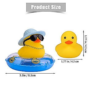 LUTER Car Duck Decoration Dashboard, Rubber Duck Car Decoration Little Yellow Duck Car Decoration for Car Dashboard Decoration Accessories with Gold Chain Straw Hat Sunglasses (Blue Swim Ring )