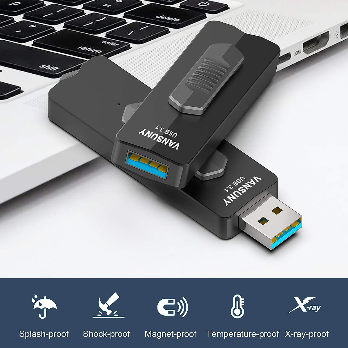 Vansuny USB 3.1 Flash Drive 128GB, 400MB/s Super Speed Flash Drive, USB 3.1 Gen 2 Solid State USB Drive, Retractable Thumb Drive, Metal USB Memory Stick, Portable Jump Drive