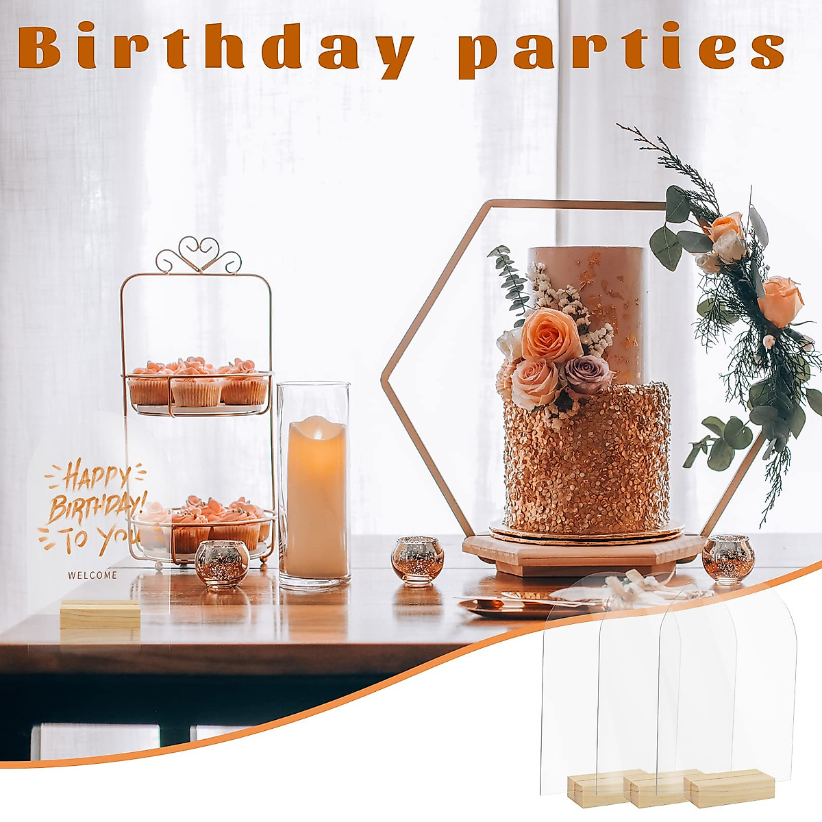 Bercoor 10 Pack 5x7 Inch Blank Clear Arch Acrylic Sign with Wooden Stands, Arched Round Top Acrylic Sheet, DIY Acrylic Arch Table Numbers for DIY Name Card Gifts Event Party Sign Decoration