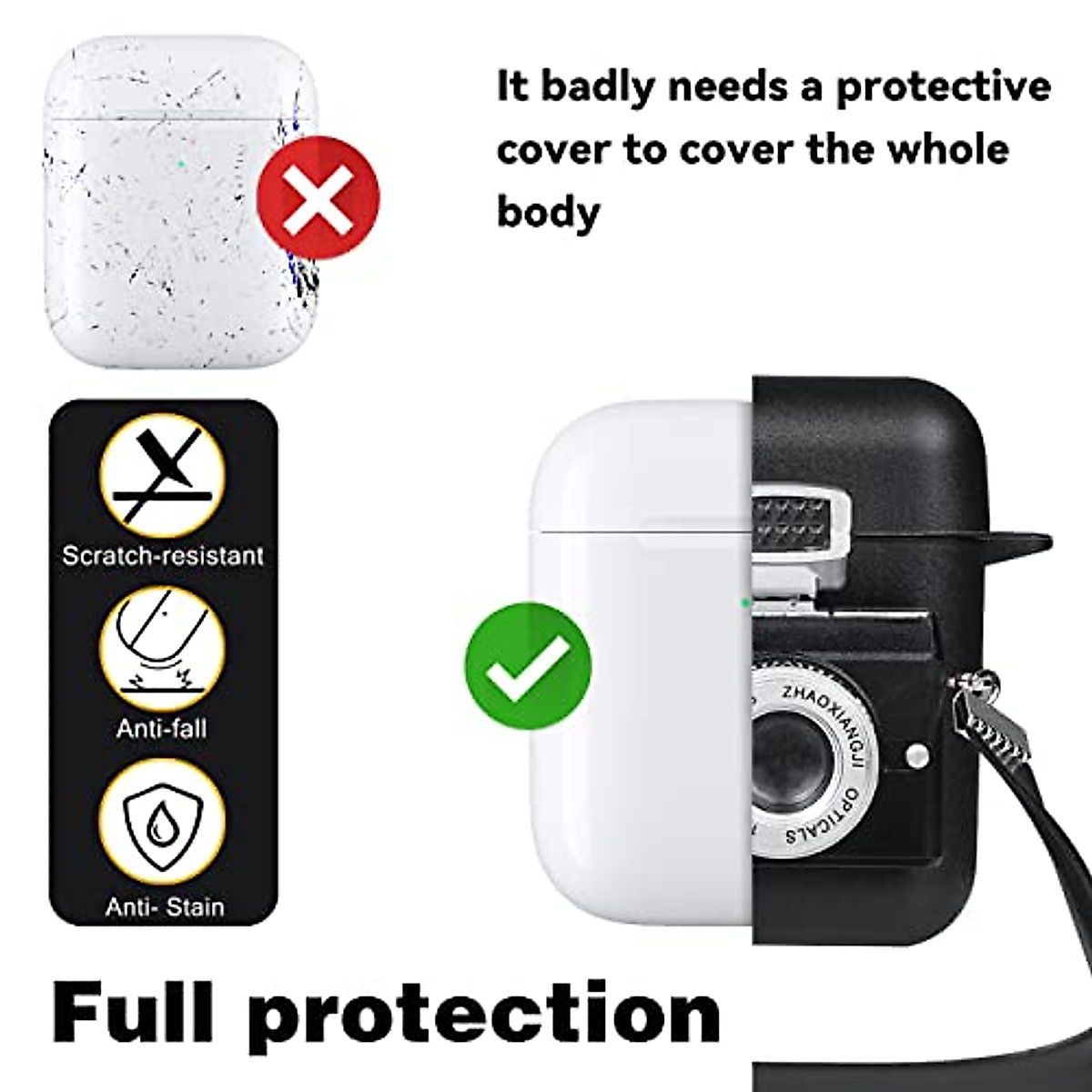 Gkv Silicone Case for Airpods 1/2 Fashion Design Unique 3D Cool Cartoon Air Pods 1st/2nd Cover Cute Designer Fun Hypebeast Shell Cases for Girls Boys Kids Child Teen for Airpods 1/2 (Black Camera)