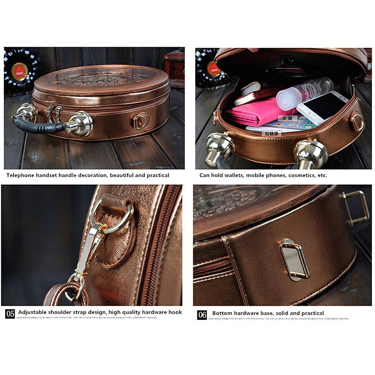 Alarm Clock Handbag Real Working Women Fashion Diagonal Shoulder Bag Leather Vintage Clock Round Box Personalized SteamPunk Style Messenger bag (A)