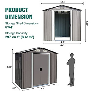 Steel Garden Storage Shed 6' x 4' - Utility Tool House with Vents Garden Storage House Metal Shed for Patio (Grey)
