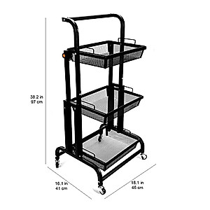 UPGLOW 3-Tier Metal Rolling Utility Cart, Adjustable Kitchen Storage Cart with Removable Mesh Baskets, Storage Trolley with Handle and Lockable Wheels for Kitchen, Bathroom, Office, Coffee Bar