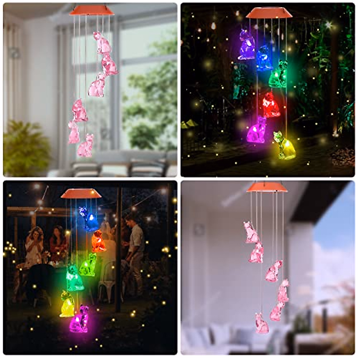 Cat Solar Wind Chimes Light,Solar Cat Wind Chimes for Outside,Cat Solar Light Gifts Women Birthday/Thanksgiving/Christmas,Solar Cat Chimes Garden Decor