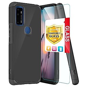 TJS Compatible with AT&T Radiant Max 5G 6.8"/Cricket Dream 5G/Cricket Innovate 5G/AT&T Fusion 5G Case, with Tempered Glass Screen Protector, Dual Layer Hybrid Shockproof Impact Phone Case (Black)