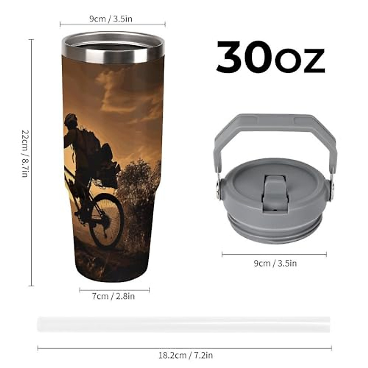 30oz Stainless Steel Insulated Tumbler with Flip Lid & Straw, Leakproof Travel Mug for Car, Mountain Bike in The Evening Double Wall Vacuum Thermal Coffee Cup with Handle, Spill-Proof Design for Hot/C