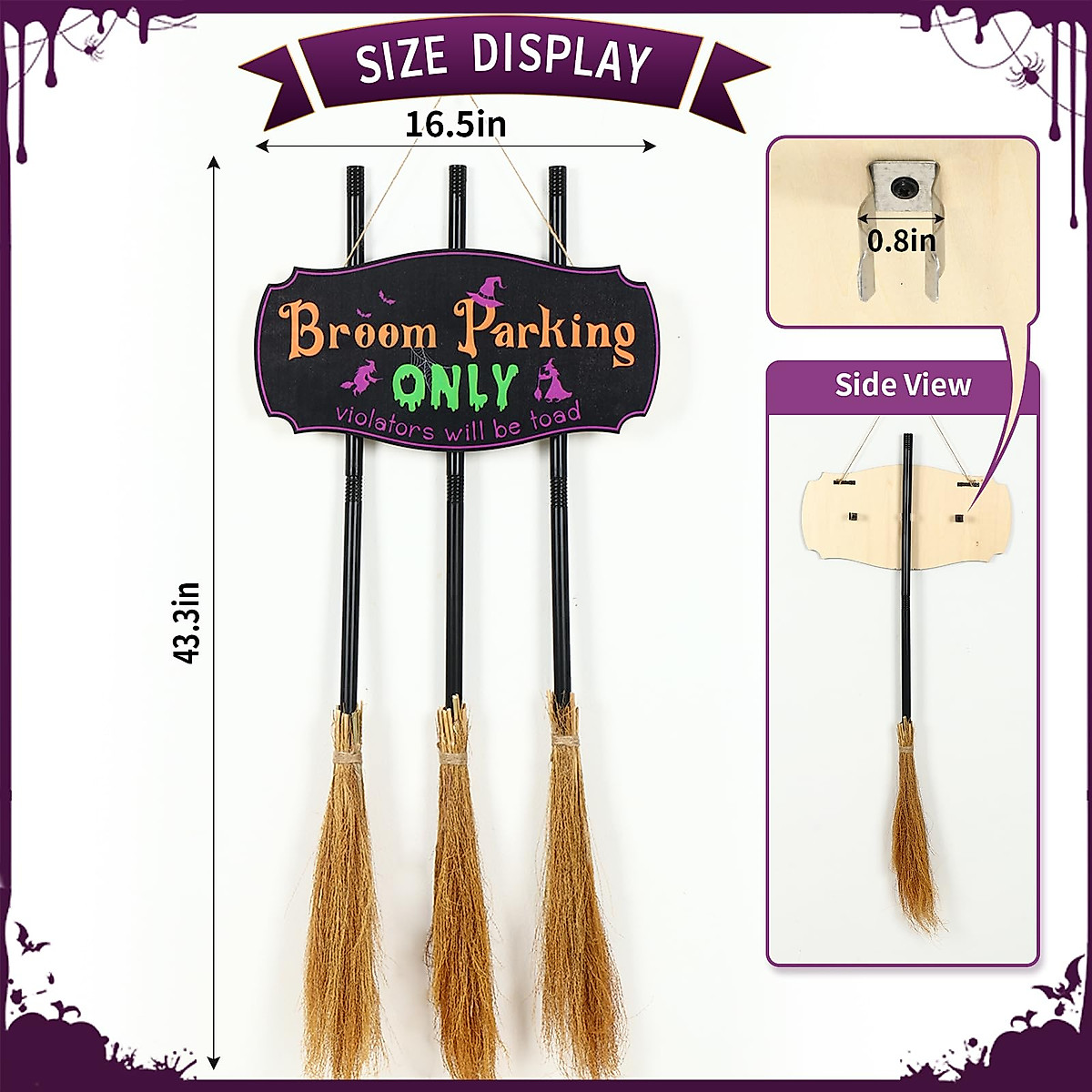 Bnesi Halloween Creative Wall Decorations, Broom Parking Sign with 3 Removable and Placeable Witches Brooms, Outdoor Front Porch or Indoor Living Room Wall Halloween Decoration (Halloween)