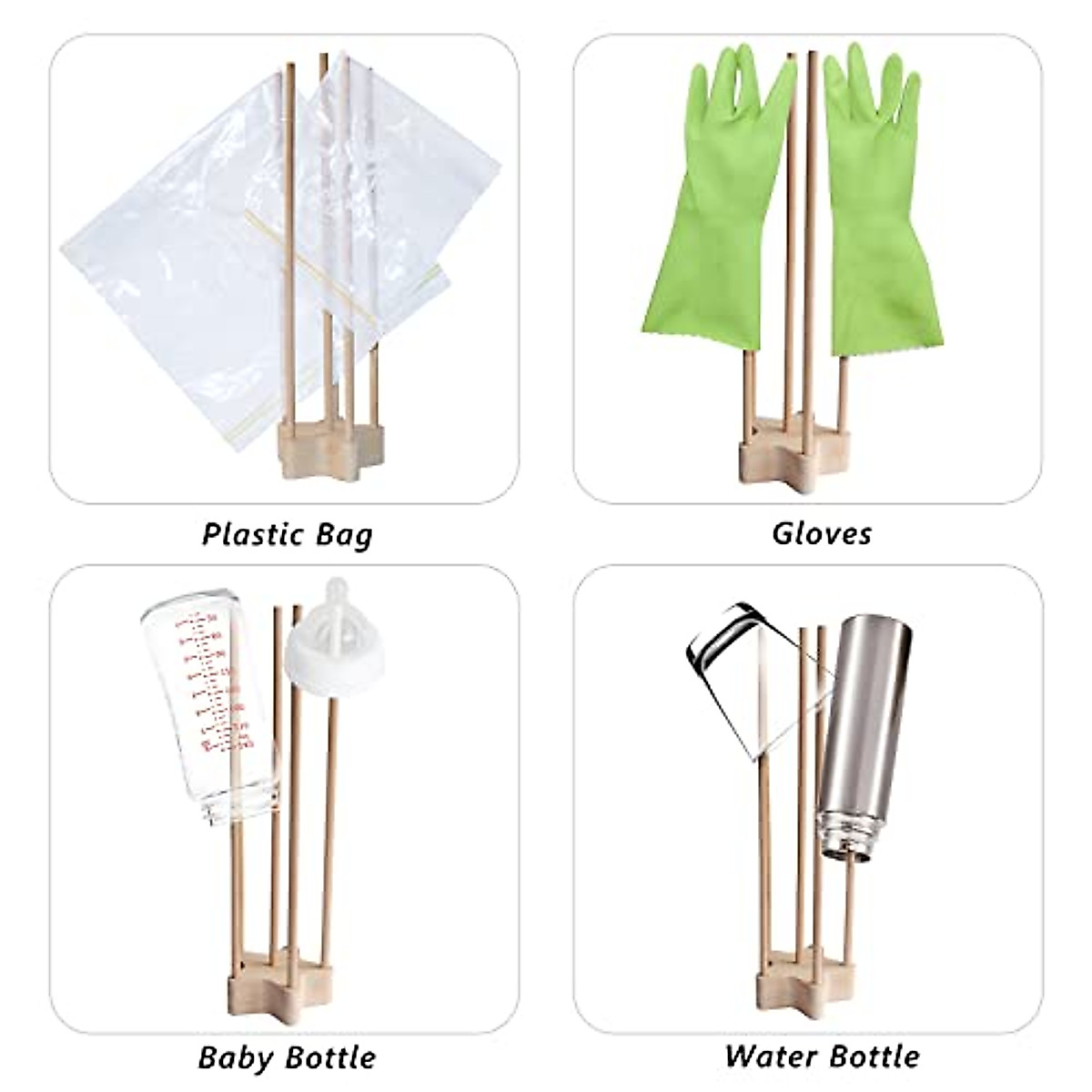 NOKI Plastic Bag Drying Rack, Reusable Ziplock Bag & Cups Dryer Rack, Water Bottle Drying Rack, Wooden Multi-Purpose Drying Rack for Kitchen Counter.