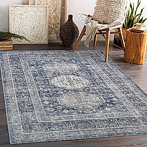 ComiComi Washable Rug 5x7 - Antique Distressed 5x7 Area Rugs, Ultra Thin Rugs for Living Room, Vintage Tribal Bedroom Rugs(Blue/Grey, 5'x7')