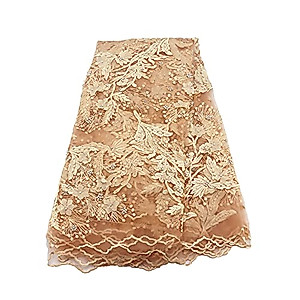 Aisunne African Lace Fabrics 5 Yards Nigerian French Lace Fabric 3D Butterfuly Fashion Embroidered and Beading for Wedding Party Dresses (Apricot)