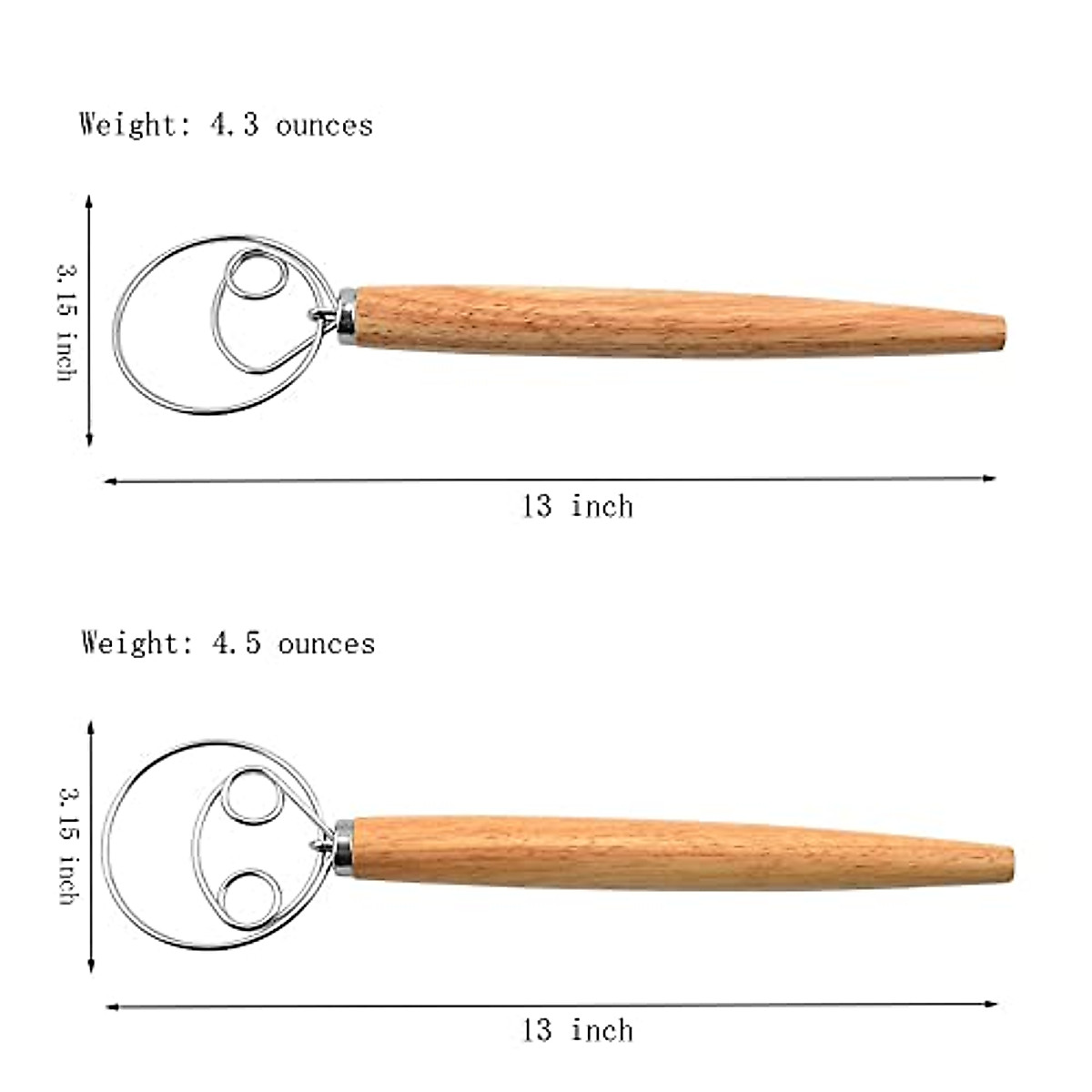 Danish Dough Whisk Cosybeau 13 Inch Bread Mixer For Dough Hooks With Stainless Steel Ring Dutch Whisk Kitchen Baking Tools Supplies Wisks For Bread Batter Cake Pastry (Lap+Double Lap)