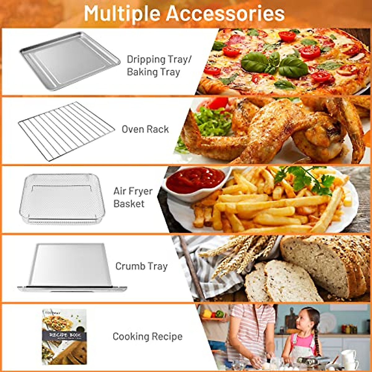 COSTWAY Air Fryer Toaster Oven, 7-in-1 Convection Countertop Oven with Auto-Shut-Off, Timer, Accessories & Cookbook, 1800W, 21.5 QT Air Fryer Toaster Oven Combo, Bake, Broil, Toast, Reheat, Fry Oil-Free, Stainless Steel