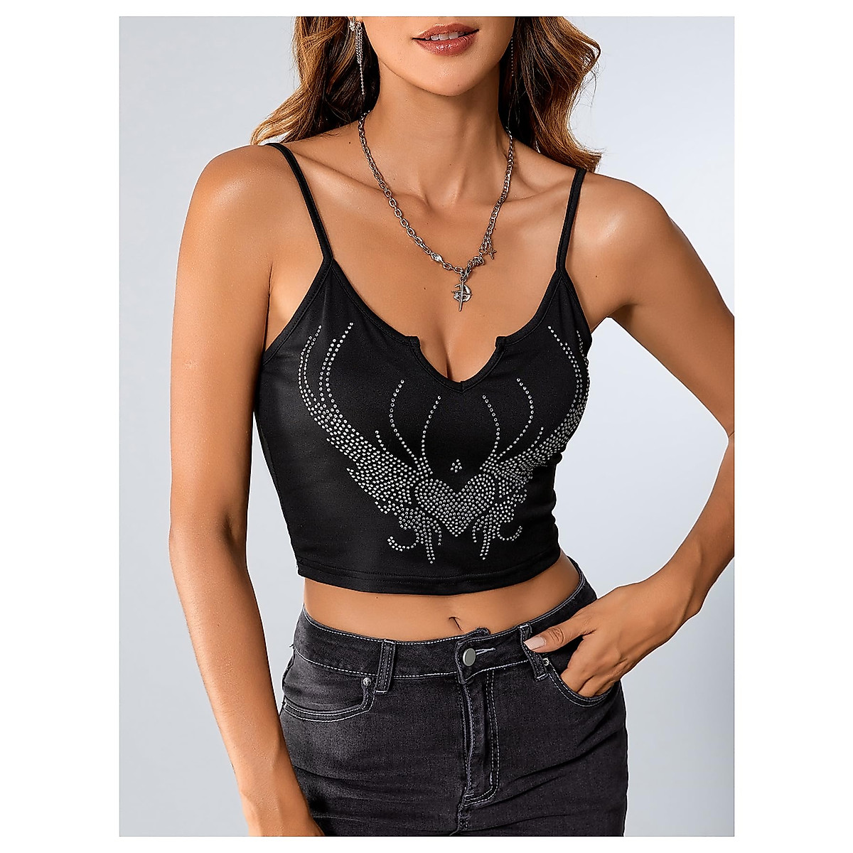 SOLY HUX Women's Y2k Gothic Lace Trim Cami Crop Top Sleeveless Sexy Tank Tops Camisole Clubwear Outfit Black Rhinestone Heart L