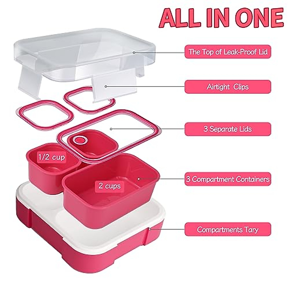 Genteen Leak-Proof Kids Lunch Box, Bento Box with 3 Removable Compartments, Toddler Lunch Box for Daycare, School, Ideal Portion Size for Ages 3 to 7 BPA-Free Dishwasher Safe-Green - Dark Pink