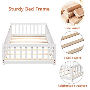 Bellemave Floor Bed for Kids,Twin Size Montessori Floor Bed with Door and Fence,Solid Wood Twin Bed Frame with Removable Slats for Girls Boys,Twin,White