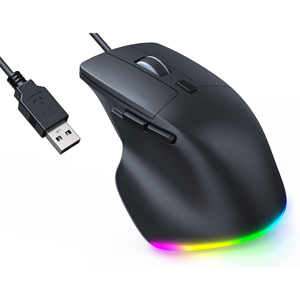 Wired RGB Mouse for Laptop, Ergonomic Computer Mouse, Quiet Click, 4-Level DPI, 7 Buttons, LED Light with Thumb Rest Mouse Compatible for PC/Desktop/Notebook/MAC/Gamer(for Right Hand, Large), Black