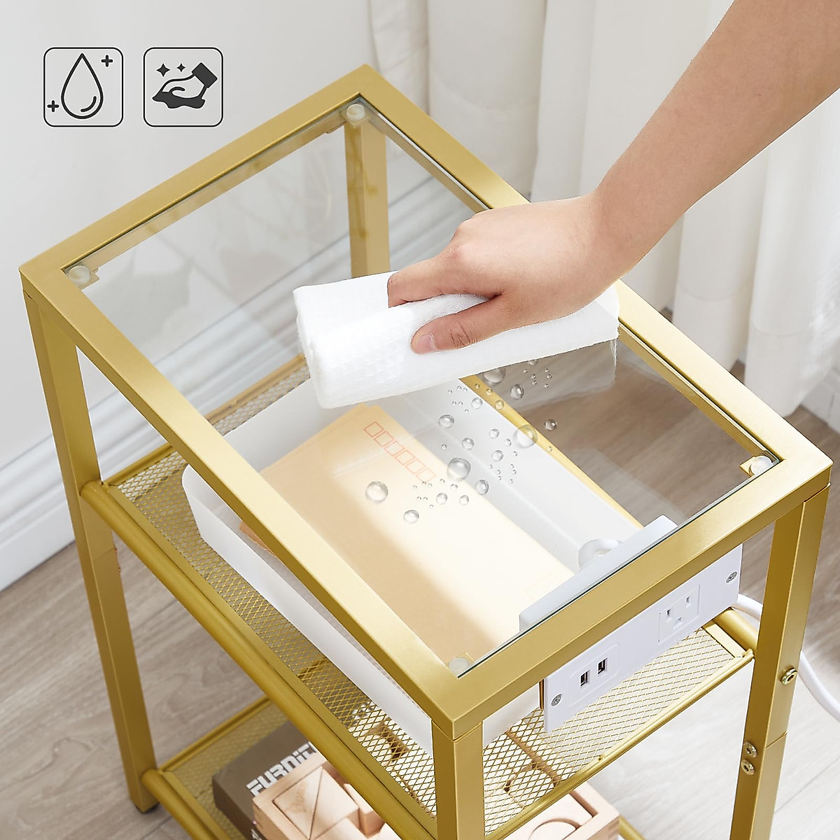 HOOBRO End Table with Charging Station, 3-Tier Side Table, Nightstand with USB Ports & Outlet, Sofa Table with Storage Shelves, Tempered Glass, Modern Style, for Living Room, Bedroom, Gold GD57UBZ01