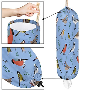 Animal Birds Blue Plastic Bag Holder, Wall Mount Grocery Bag Holder Dispenser Organizer, Washable Shopping Bag Storage Home Kitchen Decor
