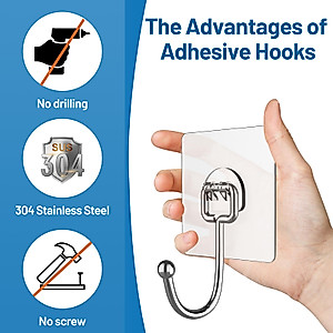 Poprkdre Adhesive Hooks Heavy Duty 44lb(max), Rustproof Adhesive Hooks for Hanging Bag, Coat, Towel etc, Strong Stick on Hooks for Hanging Heavy Duty for Bathroom, Kitchen, Home, 8 Pack