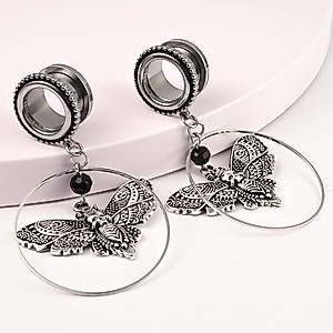 DOEARKO 2PCS Butterfly Pendant Hypoallergenic Stainless Steel Dangle Ear Plugs Tunnels Gauges Stretcher Pair Selling 2g 0g Piercing Body Jewelry (6mm(2G), Silver)