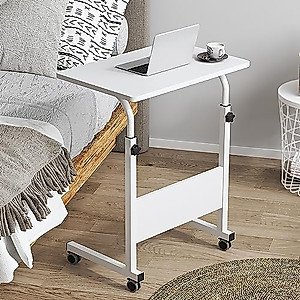 DlandHome Rolling Desk Mobile Standing Desk Mobile Side Table 23.6 Inches w/Wheels Adjustable Movable Portable Laptop Computer Stand for Bed Sofa,White