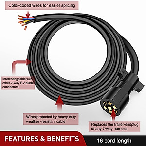 Nilight 16 Feet Heavy Duty 7 Way Plug Inline Trailer Cord 7-Pin Trailer Cord Wire Cable for Truck Camper Blade Molded RV Cable Weatherproof & Corrosion Resistant-16FT