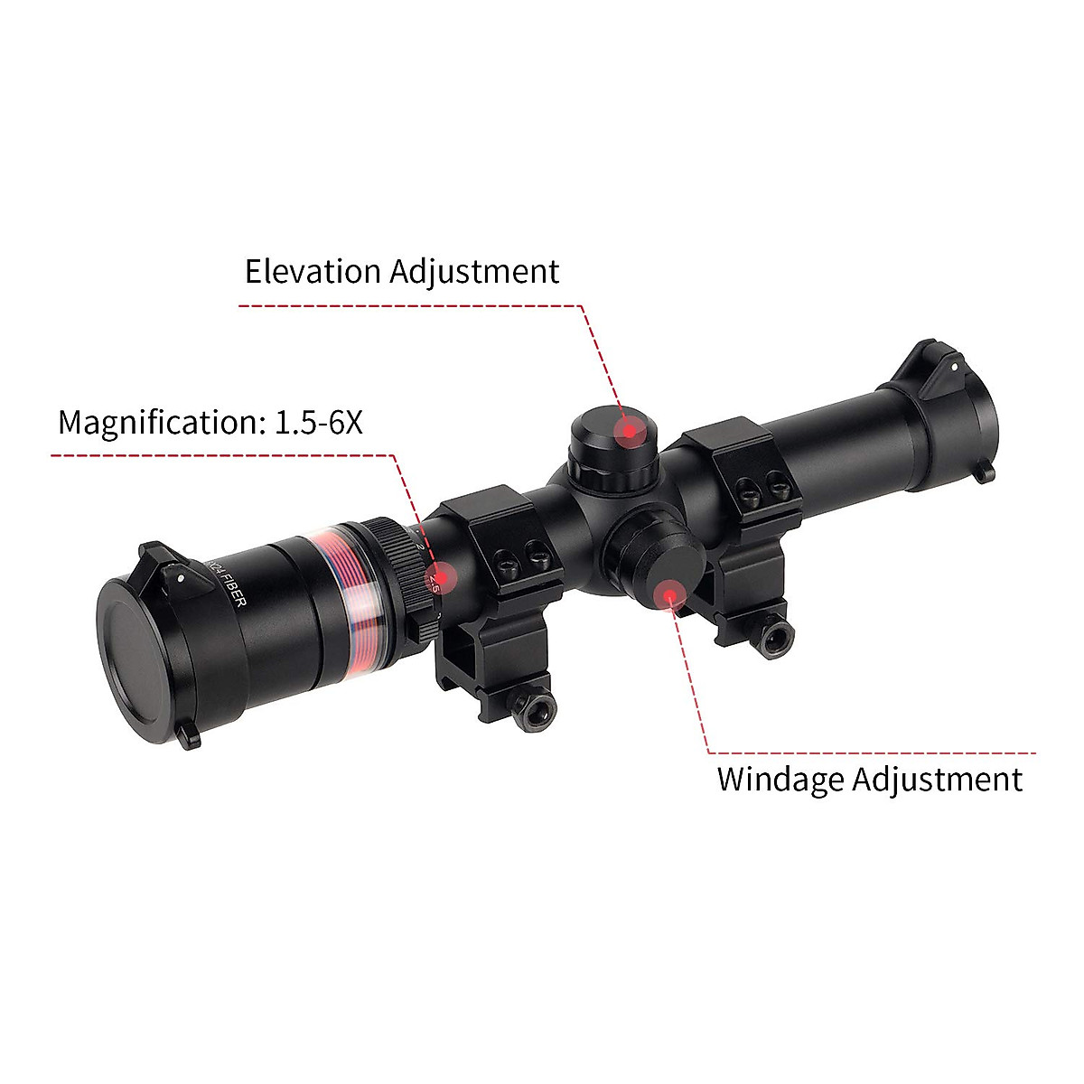 ToopMount 1.5-6X24mm Tactical Optics Scope Red Fiber Picatinny Optics Scope 1/4 MOA Fully Multi-Coated Optics One-Piece Aluminum Tube Second Focal Plane for with 11, 20mm Rings