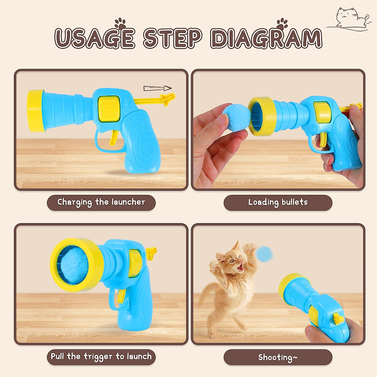 Splarwbk 1 Cat Ball Launcher + 80Pcs 1.2’’Cat Toy Balls(New Upgraded),Silent Plush Elastic Cat Ball Toy,Interactive Cat Toys for Indoor Cats Kitten Toys,Plush Ball Shoot Gun for Kitty