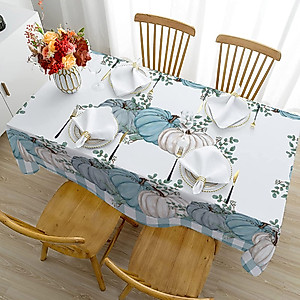 pinata Fall Tablecloth, Teal Buffalo Plaid Pumpkins Table Cloth Rectangle 60x84 inch, Autumn Farmhouse Harvest Fabric Kitchen Table Decorations for Dinner, Parties, Fall Indoor or Outdoor Decor