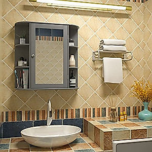 Moccha Bathroom Cabinet, Mirrored Wall Mounted Medicine Cabinet with Mirrored Door and 6 Open Shelves, Floating Shelf, Dressing Mirror with Storage Cabinet, Suitable for Foyer, Living Room (Gray)