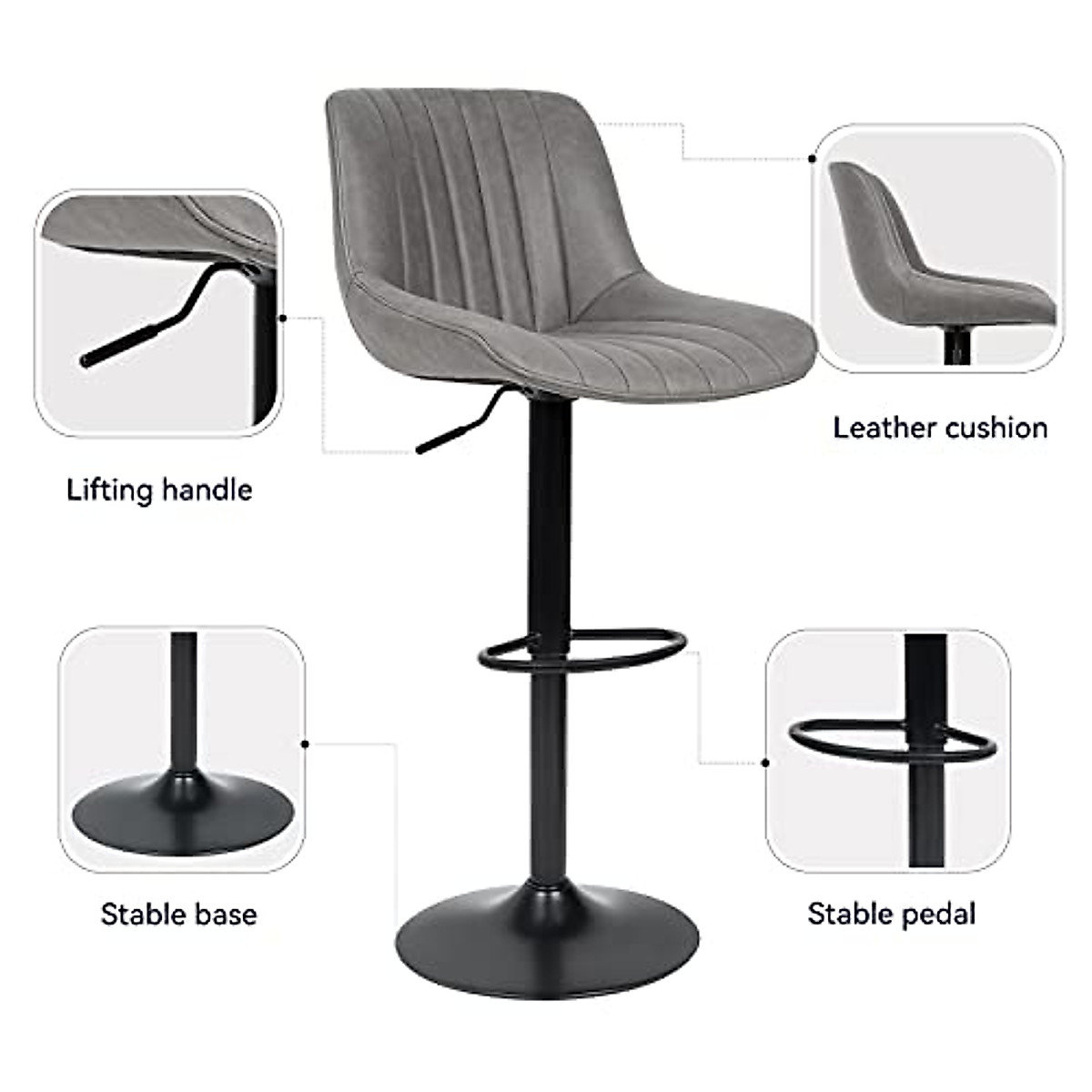 Nalupatio Bar Stools Set of 2 Adjustable Counter Height Morden Swivel Bar Stools with Backs Performance Fabric Seat Island Chairs for Home Kitchen Dark Grey