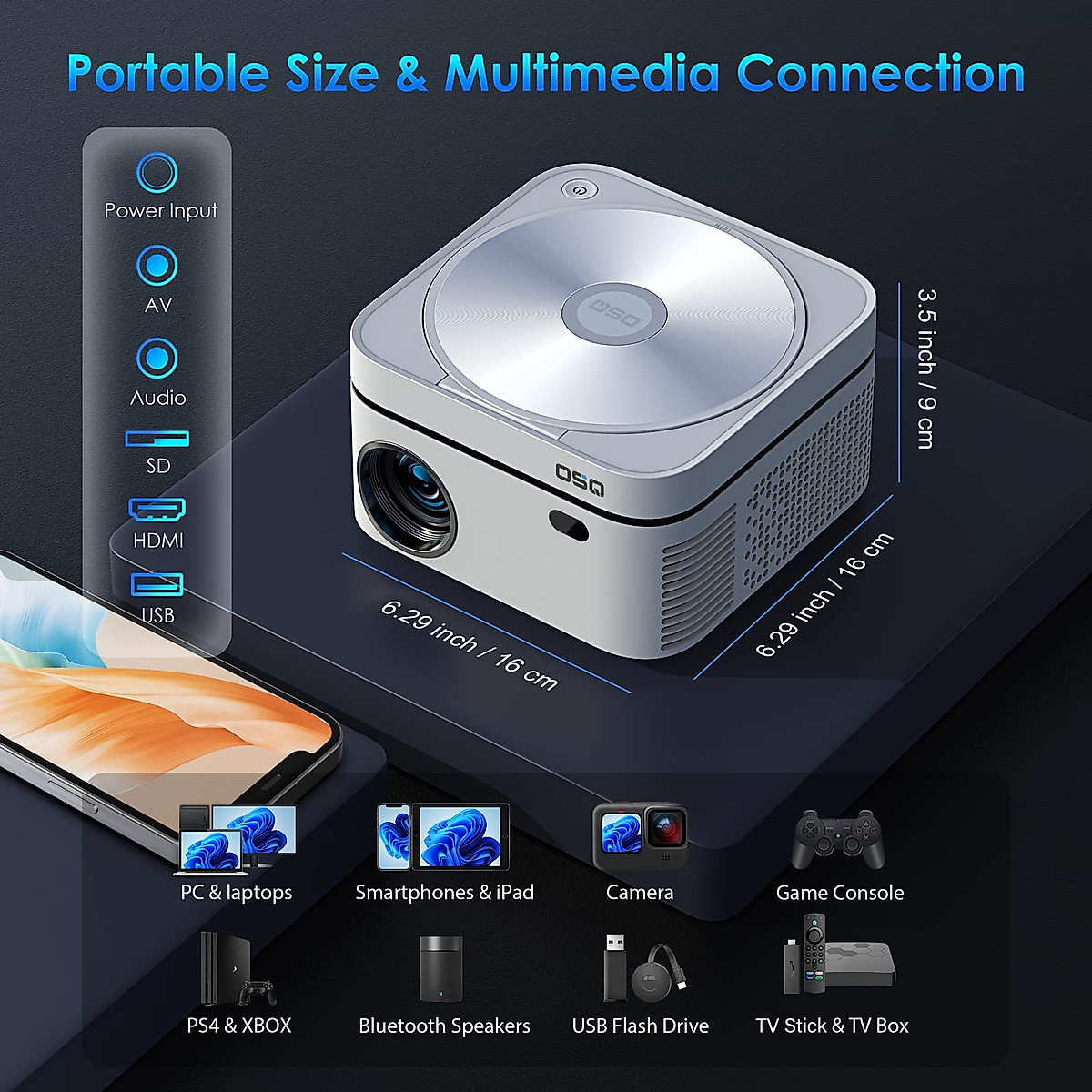 5G WiFi Projector Built in DVD Player with Bluetooth - OSQ Mini Portable DVD Projector 1080P Support, Outdoor Movie Projector with Carry Bag, Compatible with TV/HDMI/USB/iOS/Android