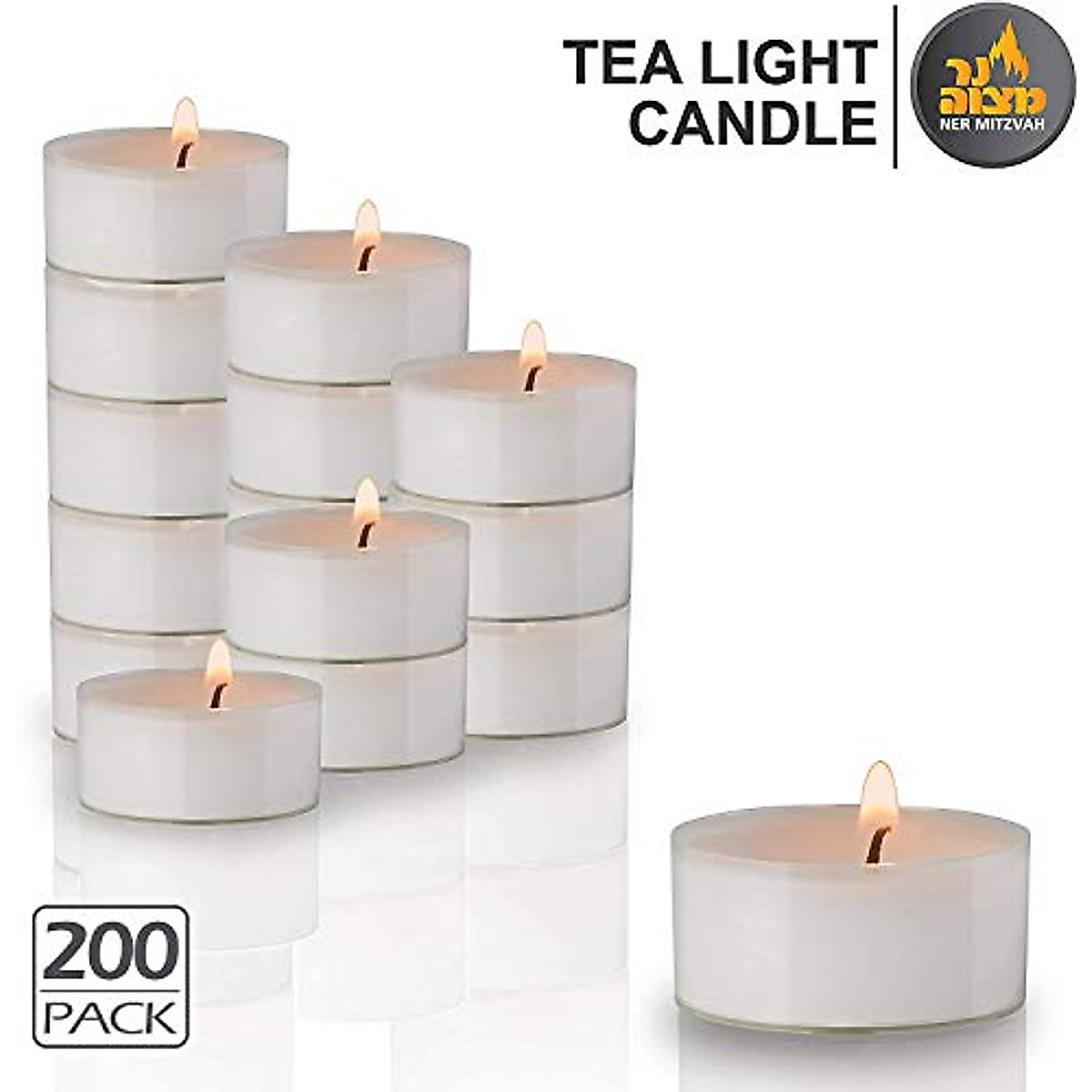 Ner Mitzvah Tea Light Candles - 200 Bulk Pack - White Unscented Tealight Candles in Clear Cup - Long Burning - 4.5 Hour