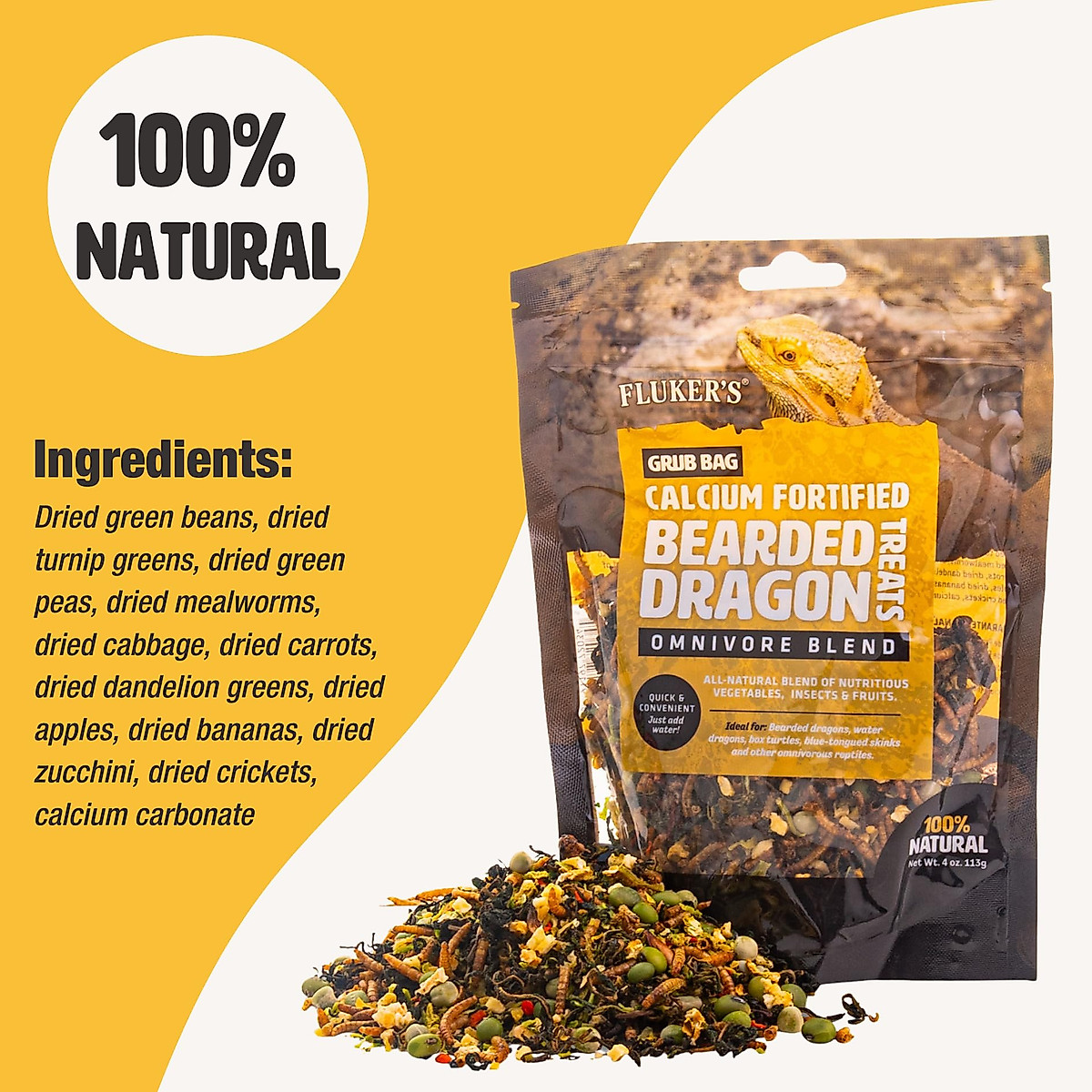 Fluker's Grub Bag Calcium Fortified Treats, All Natural Omnivore Blend Packed with Protein, Fruits, and Vegetables, for Bearded Dragons and Reptiles, 4 oz