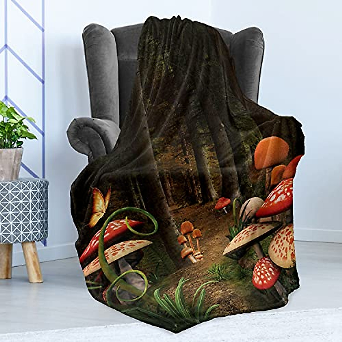 Ambesonne Mushroom Soft Flannel Fleece Throw Blanket, Mushrooms in Deep Dark Forest Fantasy Nature Theme Earth Path, Cozy Plush for Indoor and Outdoor Use, 50" x 70", Pomegranate Green