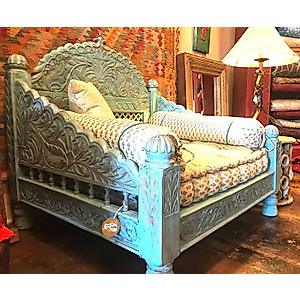 Carved Jhula Arch Love Seat. Hand Crafted from Solid Mahogany Wood. Designed & Imported by Worldcraft (Blue Percentage Finish, Love Seat: 34Dx33Wx42H)