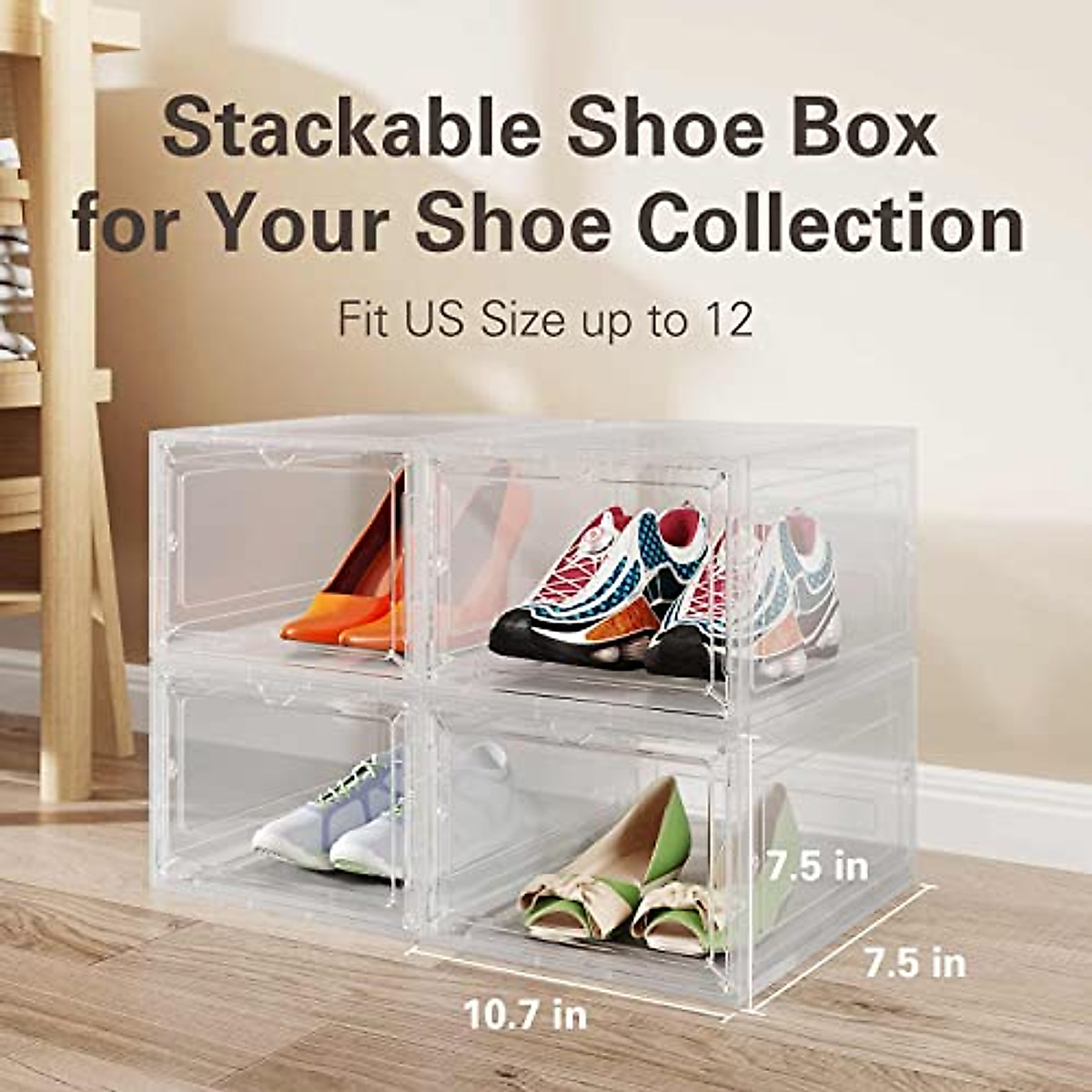 VVM Shoe Organizer Boxes 20 Pack, Clear Plastic Stackable Shoe Boxes, Magnet Drop Front Shoe Storage, Shoe Containers, Easy Assemble Shoe Organizer, Shoe Organizer Box, Clear